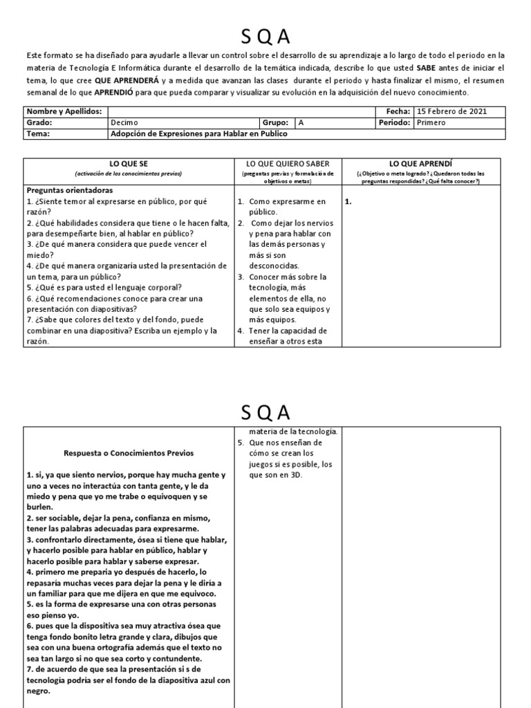 10 Formato SQA Decimo 2021 | PDF | Cognición