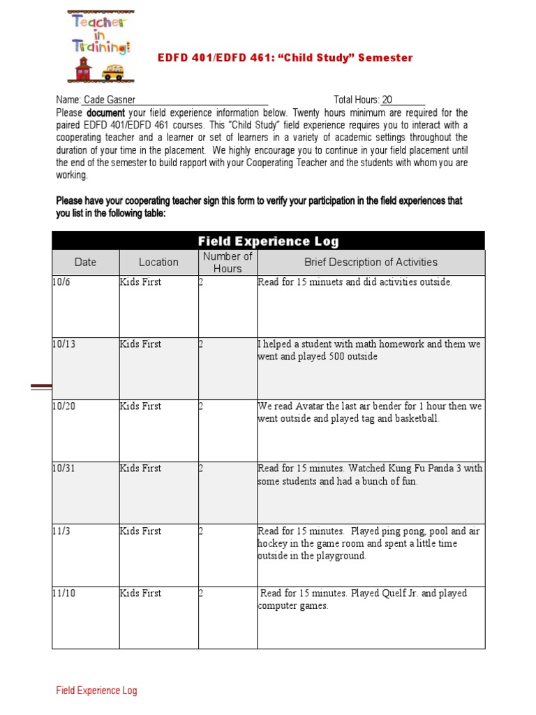 EDFD 461 Child Study Field Log | PDF | Communication | Pedagogy