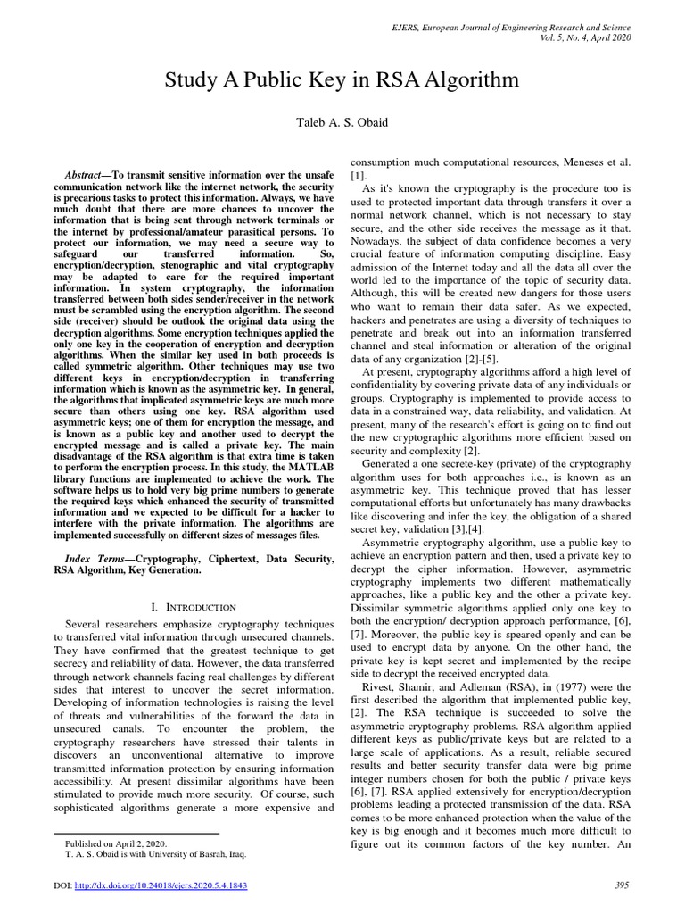 Study A Public Key in RSA Algorithm: Taleb A. S. Obaid | PDF | Key (Cryptography) | Public Key ...