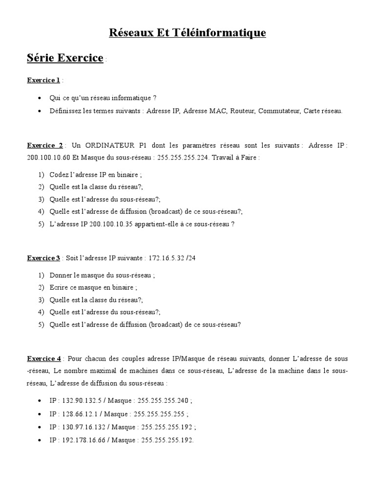 Réseaux Et Téléinformatique Série Exercice | PDF | Adresse IP | Informatique