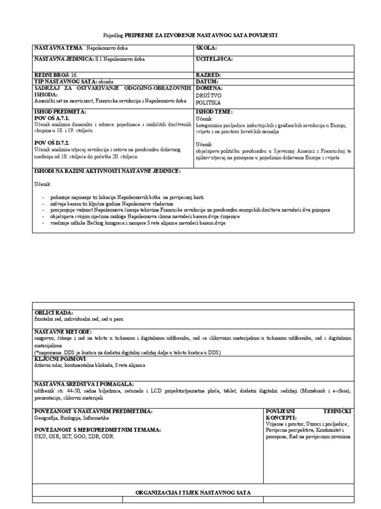 Klio 7 - Prijedlog Pripreme - 8.1. Napoleonovo Doba | PDF