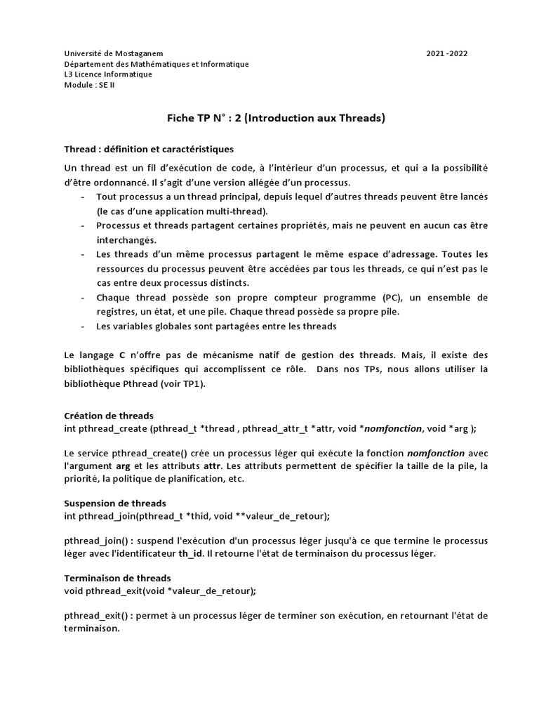 Fiche TP N°: 2 (Introduction Aux Threads) : Thread: Définition Et Caractéristiques | Download ...