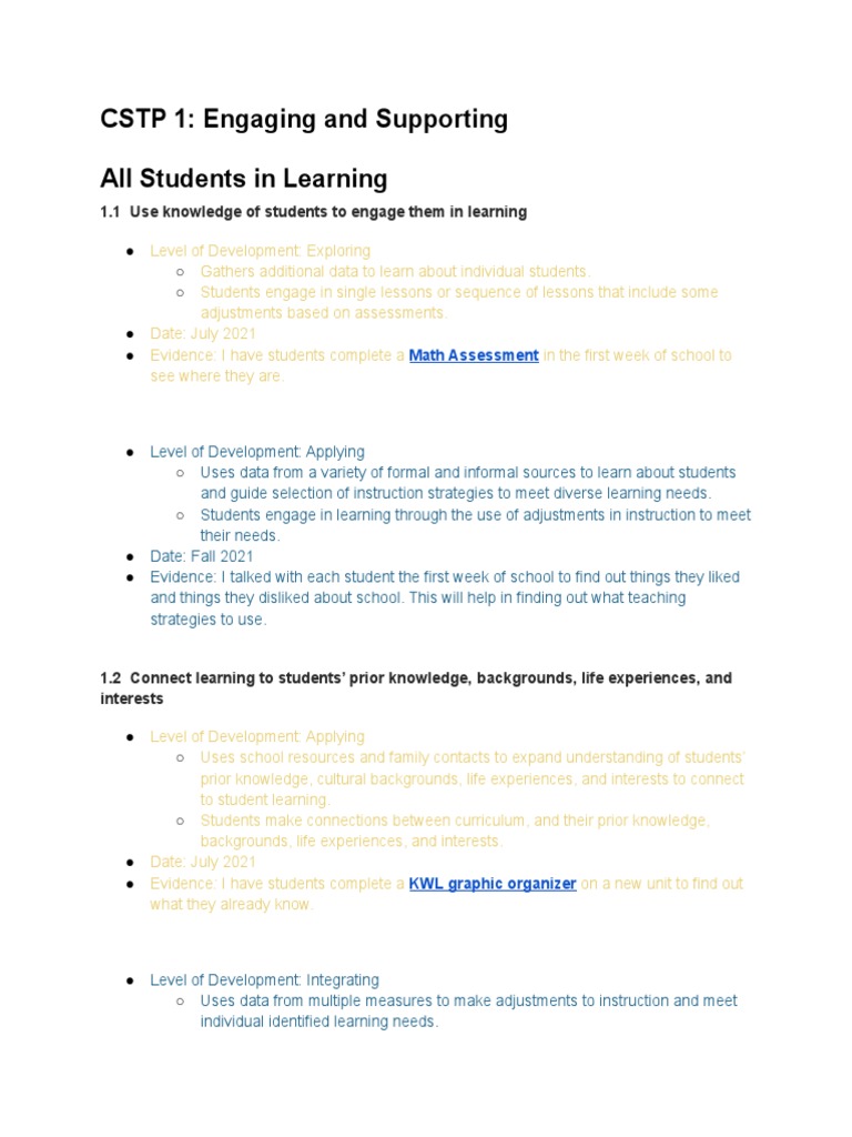 CSTP 1: Engaging and Supporting All Students in Learning | PDF ...