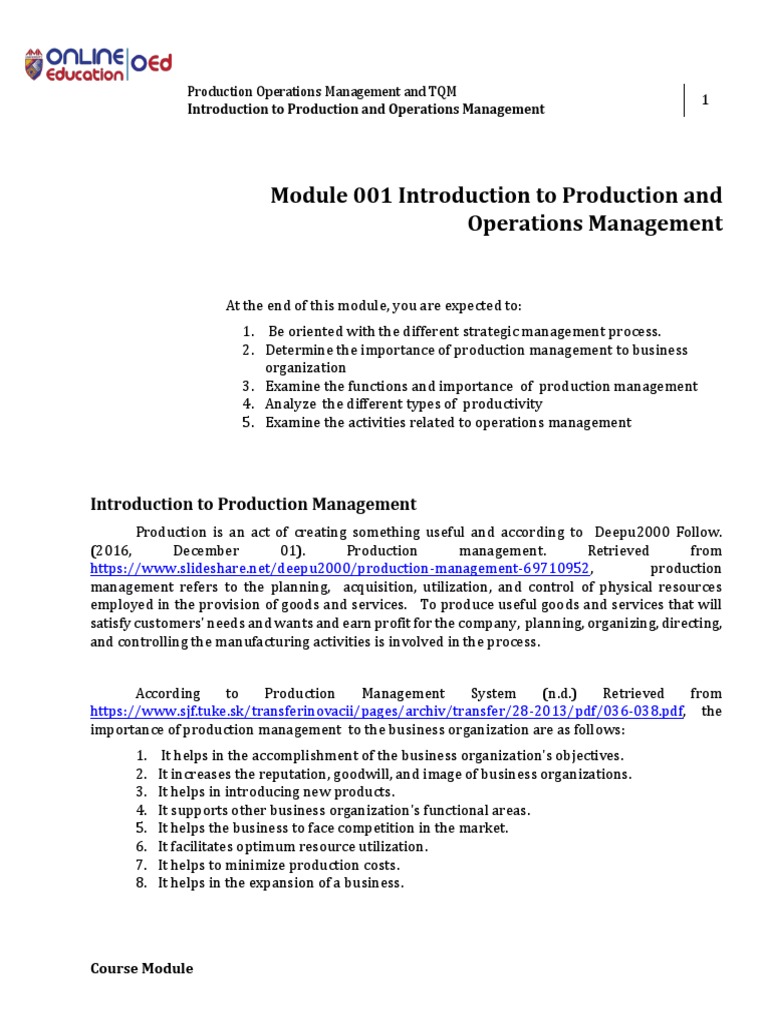 Lesson 1 - Module 001 Introduction To Production and Operation ...