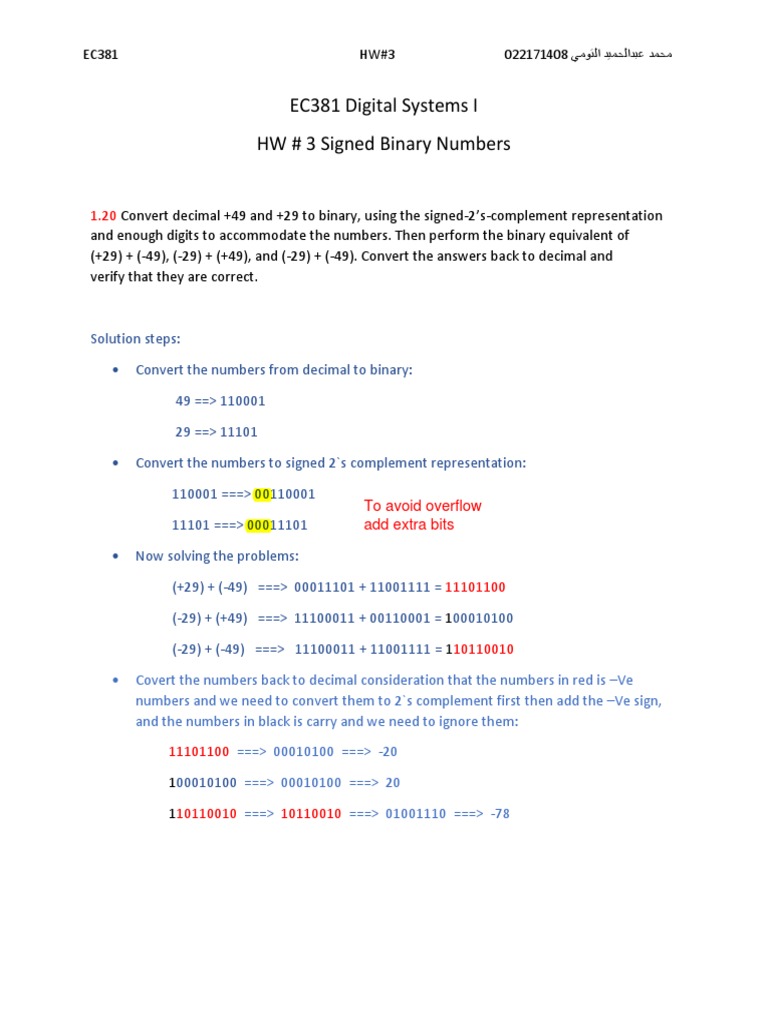 EC381 Digital Systems I HW # 3 Signed Binary Numbers | PDF | Binary Coded Decimal | Algorithms