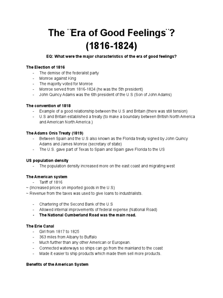 Era of Good Feelings Overview (1816-1824) | PDF | James Monroe | The ...