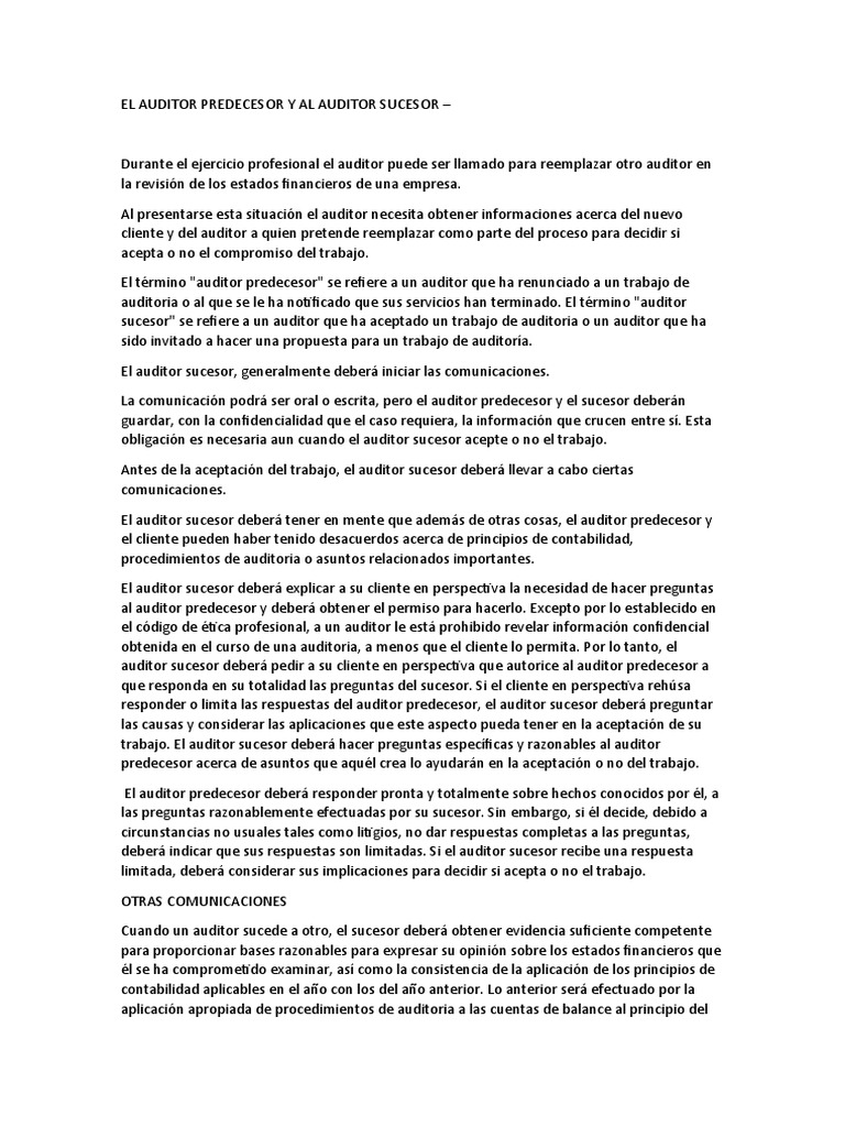 El Auditor Predecesor y Al Auditor Sucesor | PDF | Auditoría | Contralor