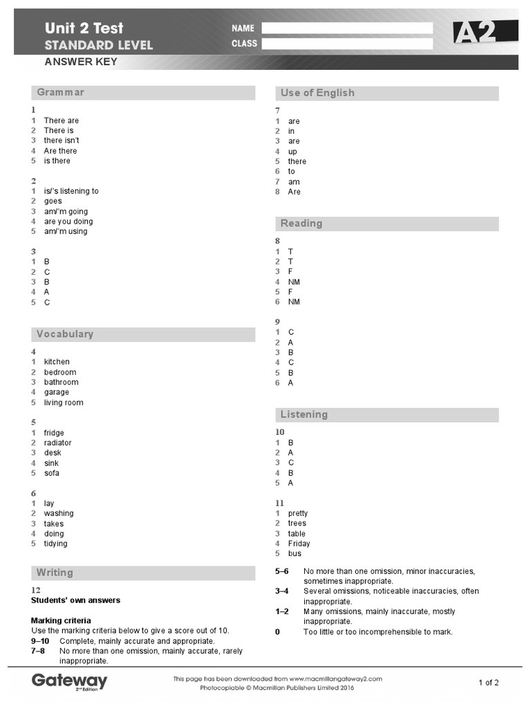 A2 Unit 2 Test Answer Key | PDF | Languages | Foreign Language Studies
