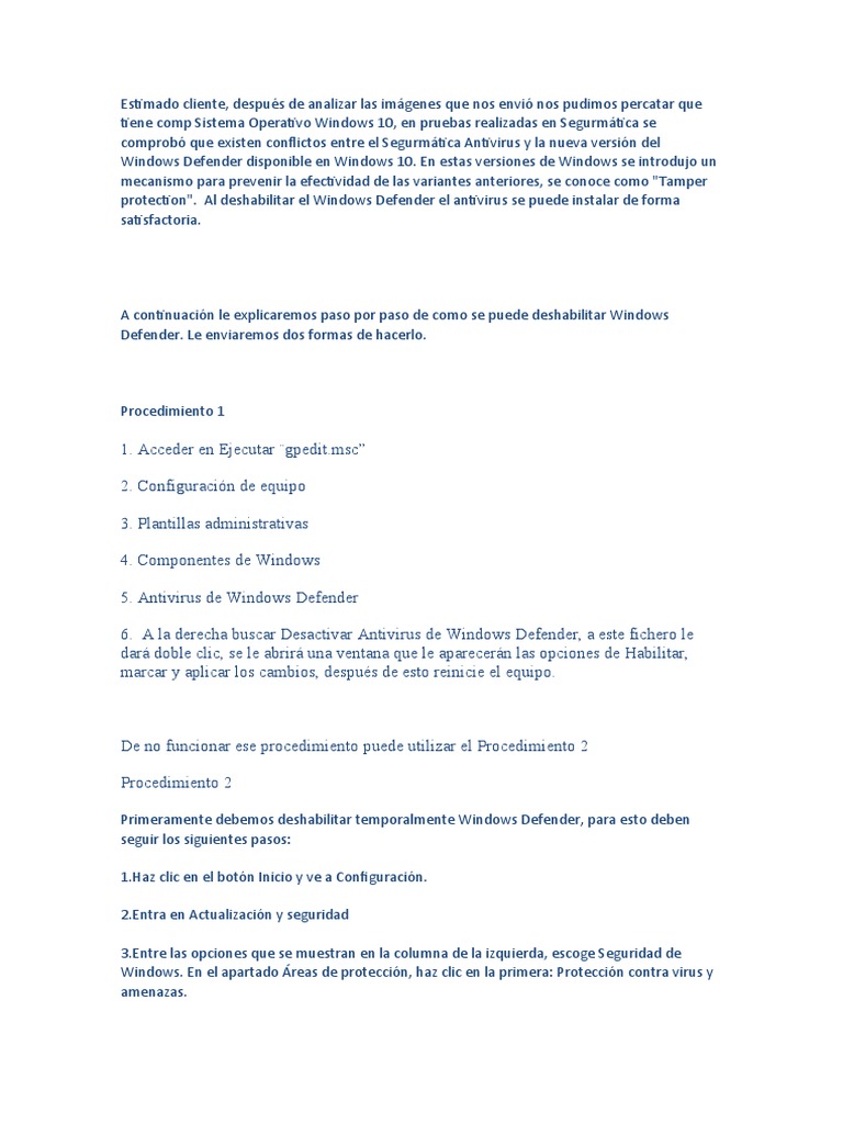 Configurar Segurmatica Antivirus en Windows 10 Sin Windows Defender ...