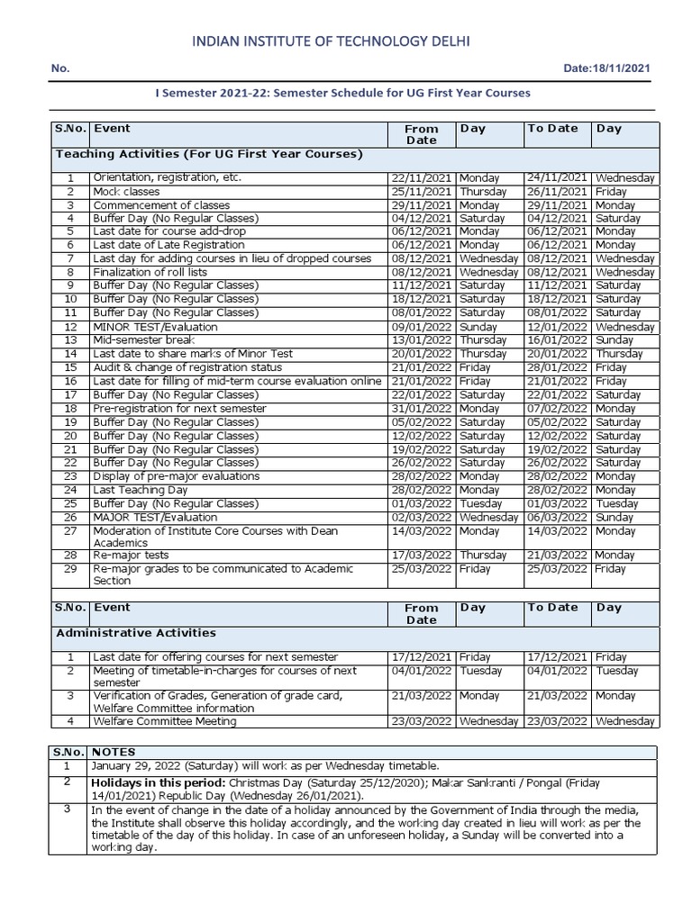 Indian Institute of Technology Delhi: I Semester 2021-22: Semester ...
