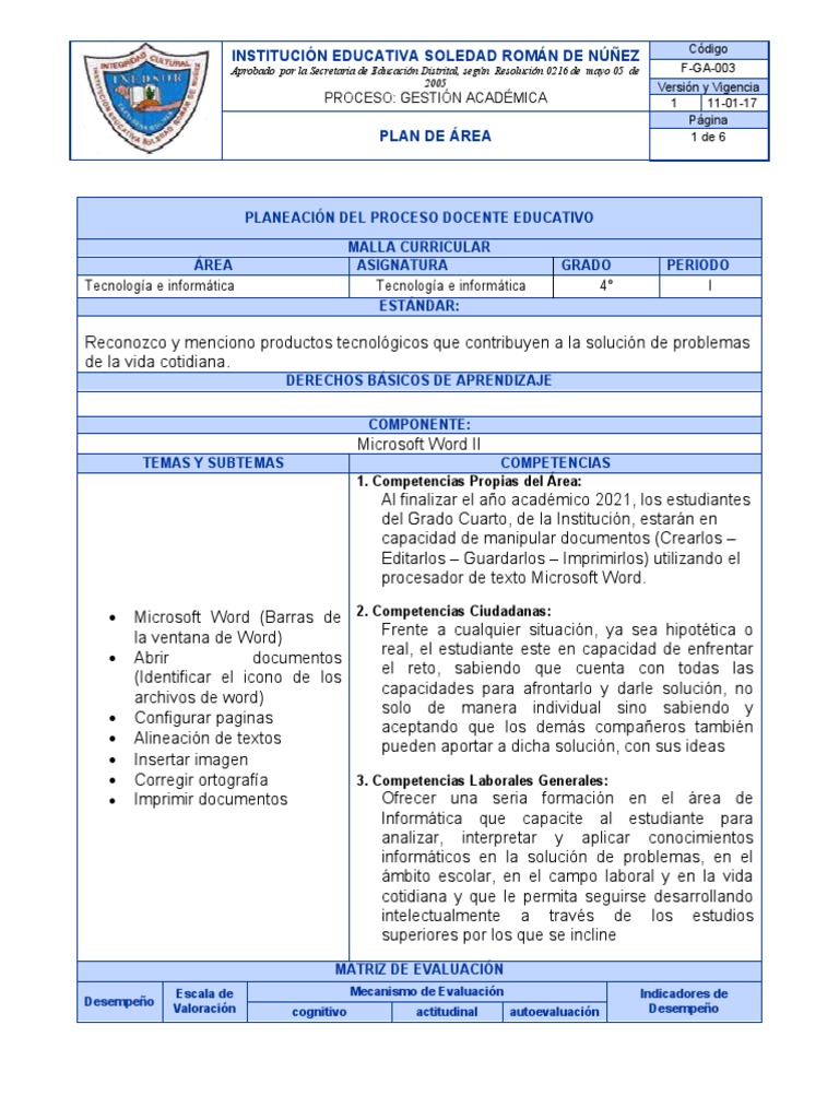 Plan de Area de Informatica 4° | PDF | Microsoft Word | Microsoft PowerPoint