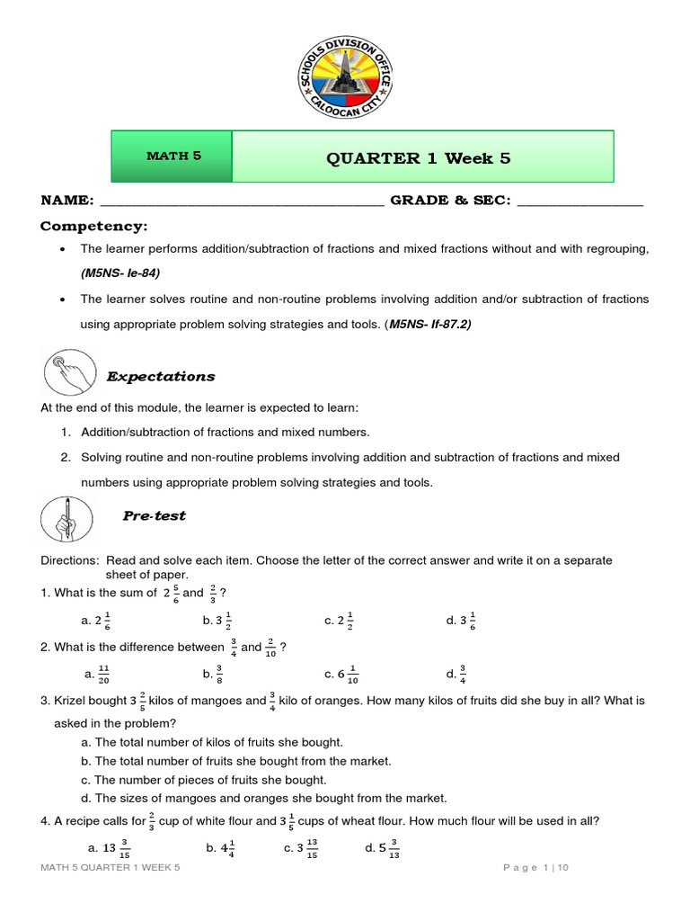 Quarter 1 Week 5: NAME: - GRADE & SEC: - Competency | PDF | Subtraction ...