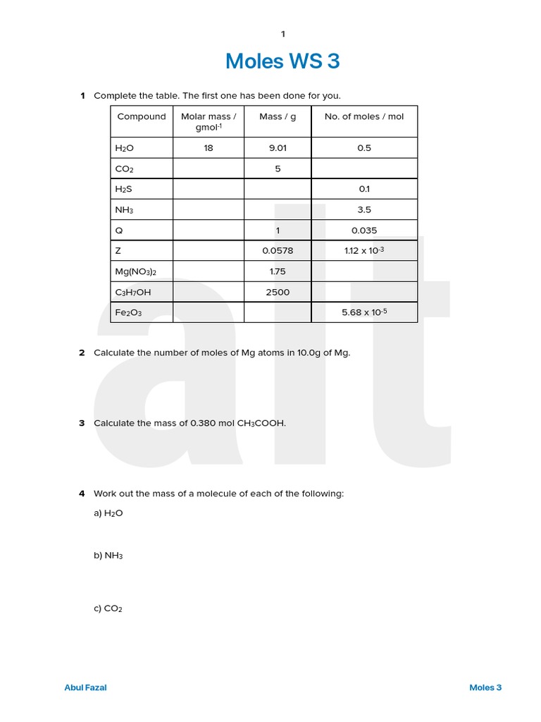 Moles WS 3 - Moles - Mass | PDF | Mole (Unit) | Magnesium