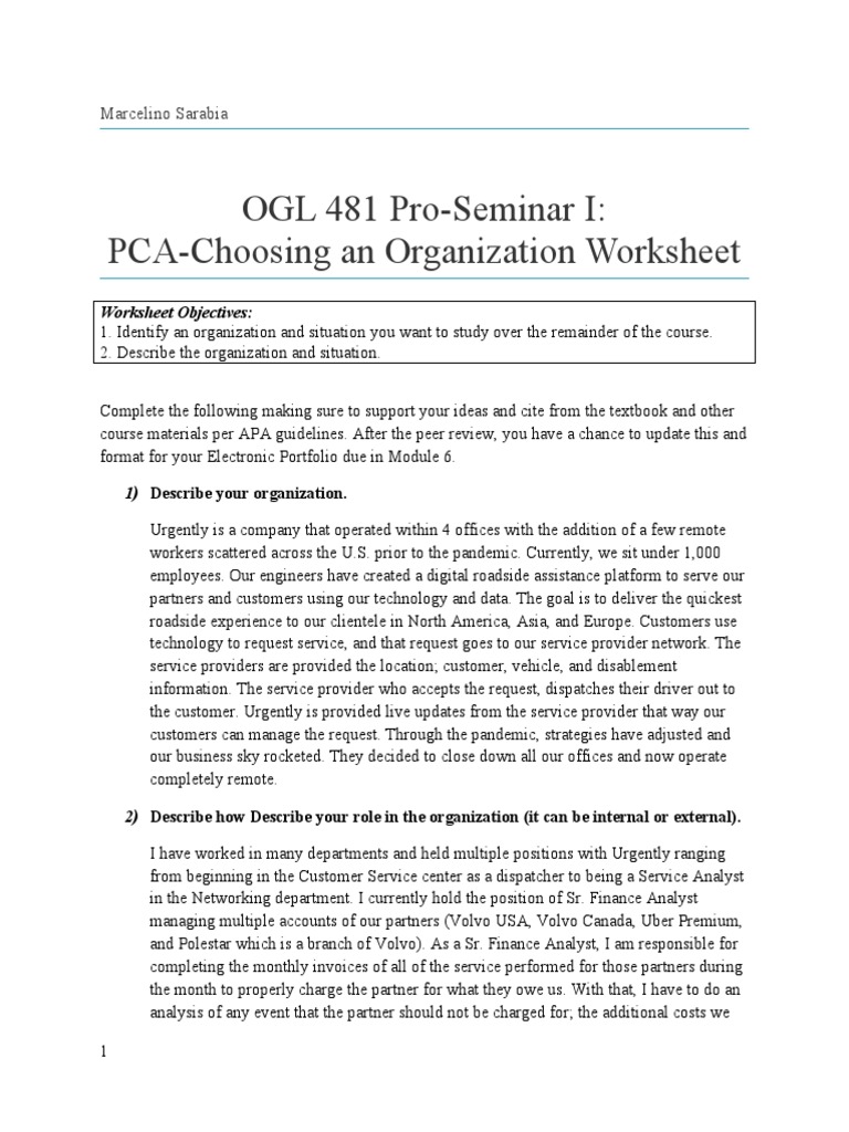 OGL 481 Pro-Seminar I: PCA-Choosing An Organization Worksheet | PDF ...
