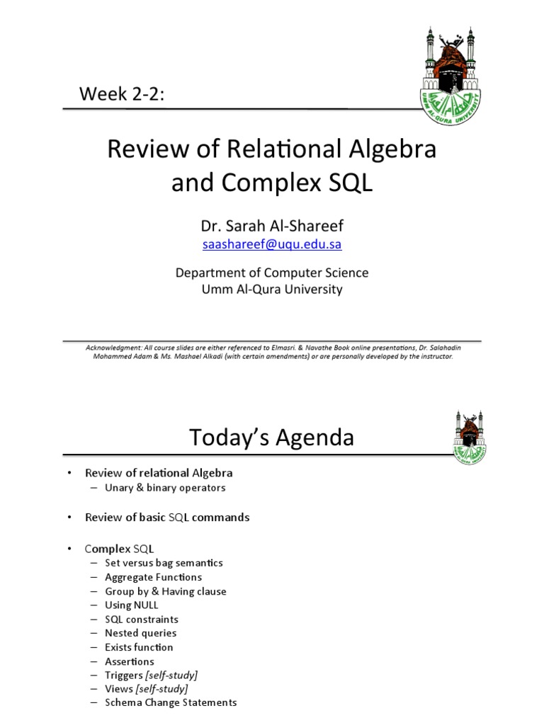 Review of Rela+onal Algebra and Complex SQL: Week 2-2 | PDF | Sql ...