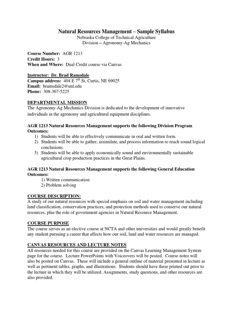 AGR 1213 Natural Resources Syllabus - Sample | PDF | Test (Assessment ...