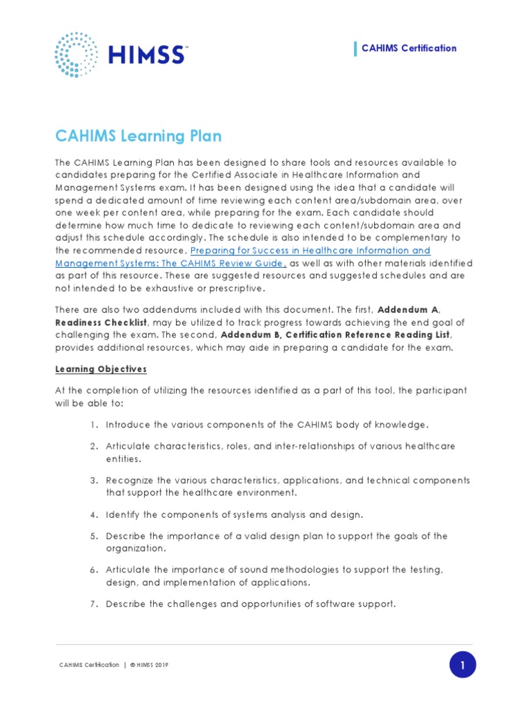 CAHIMS Learning Plan: Preparing For Success in Healthcare Information ...