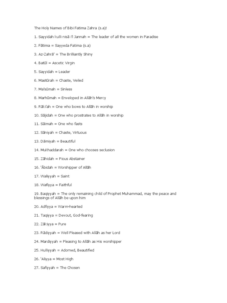 The Holy Names of Bibi Fatima Zahra S.A | PDF | Abrahamic Religions ...