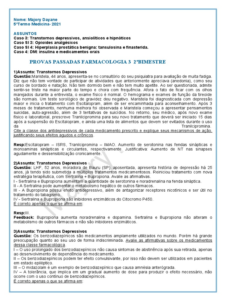 Provas Passadas Farmacologia 2bimestre | PDF | Diabetes | Antidepressivo