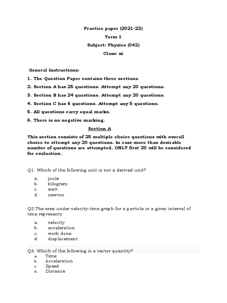 Class 11 Physics Practice Paper 01 | PDF | Torque | Acceleration