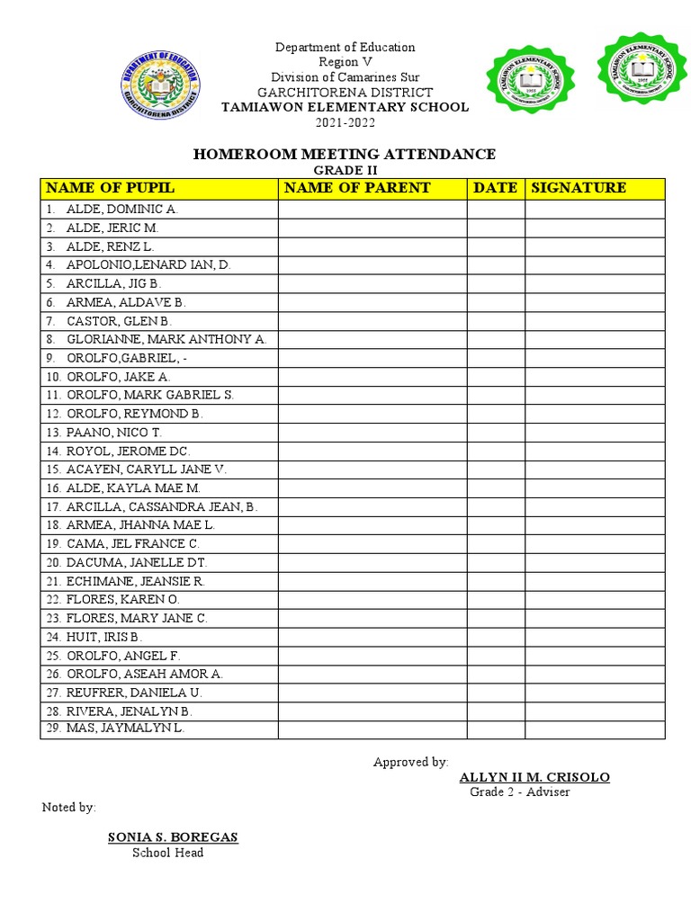 Homeroom Meeting ATTENDANCE | PDF | Schools