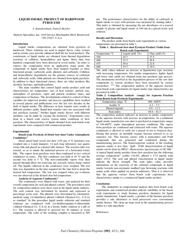 Liquid Smoke - Product of Hardwood Pyrolysis | PDF | Smoke | Pyrolysis