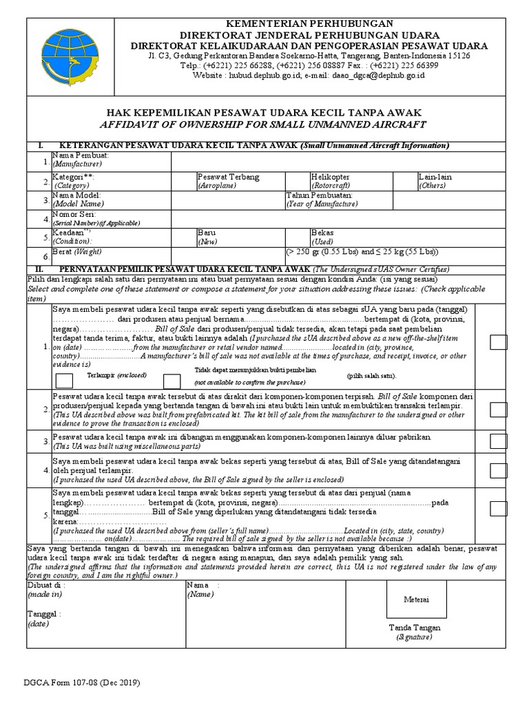 DGCA From 107-08 Affidavit of Ownership For Small Unmanned Aircraft - Dec 2019 | PDF