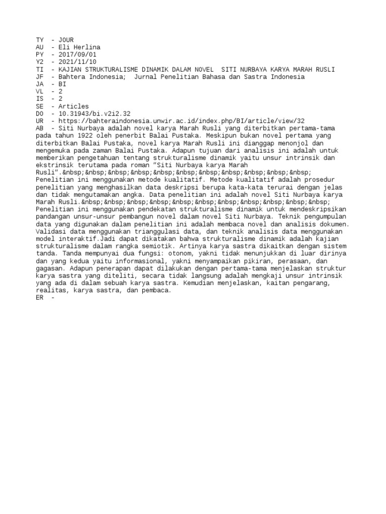 Kajian Strukturalisme Dinamik Dalam Novel Siti Nurbaya Kary | PDF