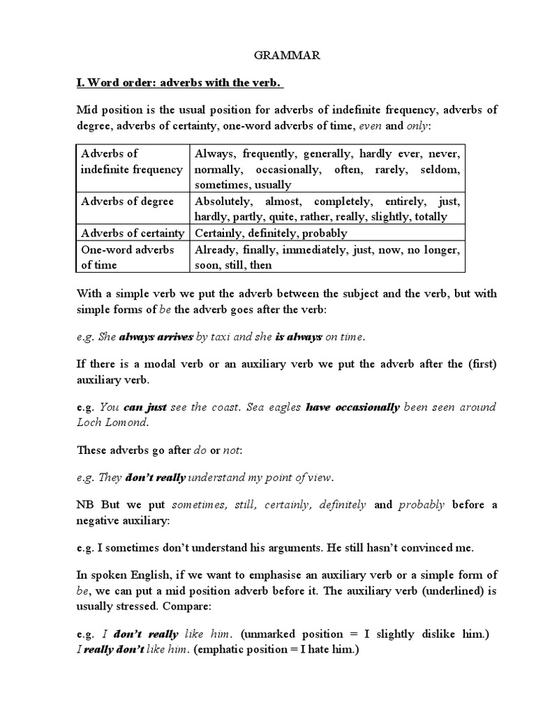 I. Word Order: Adverbs With The Verb | PDF | Verb | Adverb