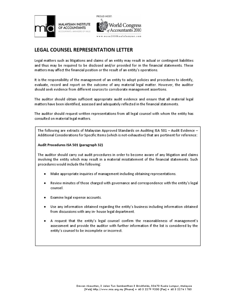Legal Counsel Representation Letter: Audit Procedures ISA 501 ...