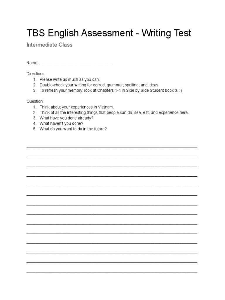 TBS English Assessment - Writing Test - Intermediate Class | PDF ...