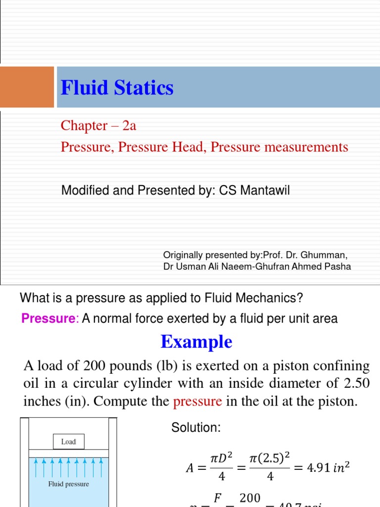 Lecture 2 Fluid Statics Pressures | PDF | Pressure | Pressure Measurement