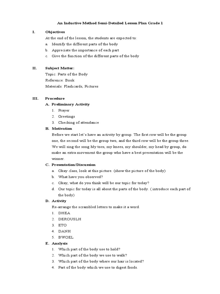 An Inductive Method Semi-Detailed Lesson Plan Grade 1 I. Objectives ...