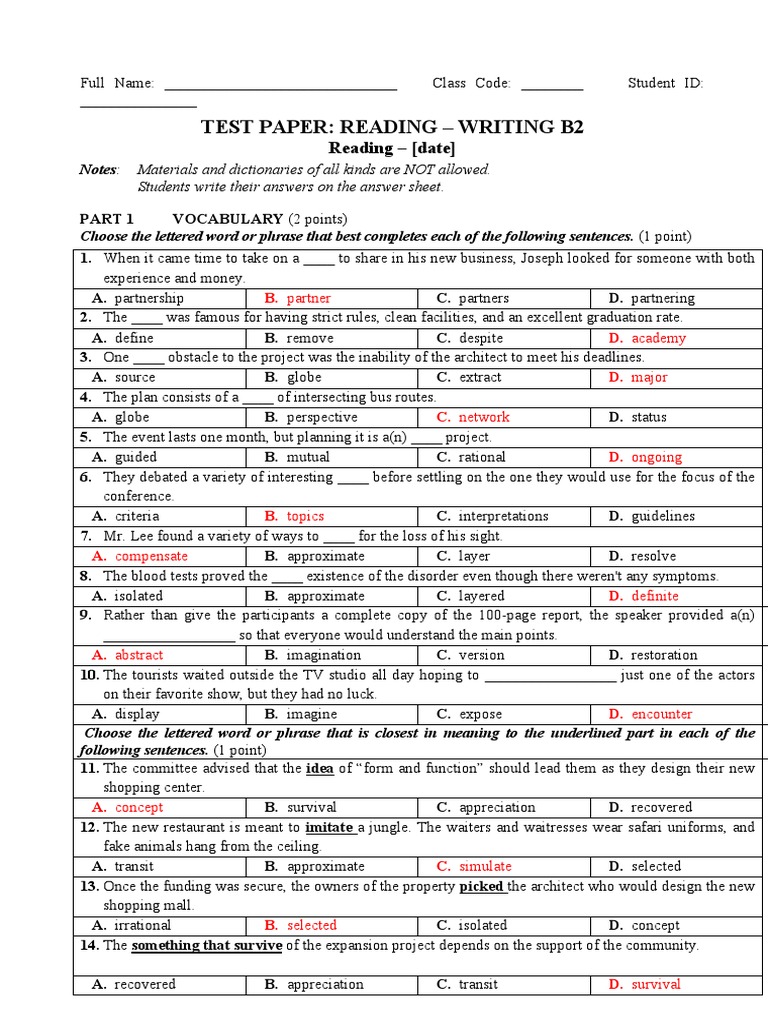 Test Paper: Reading - Writing B2: Students Write Their Answers On The ...
