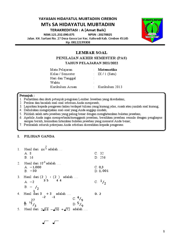 Soal Pas MTK Kls 9 k13 | PDF