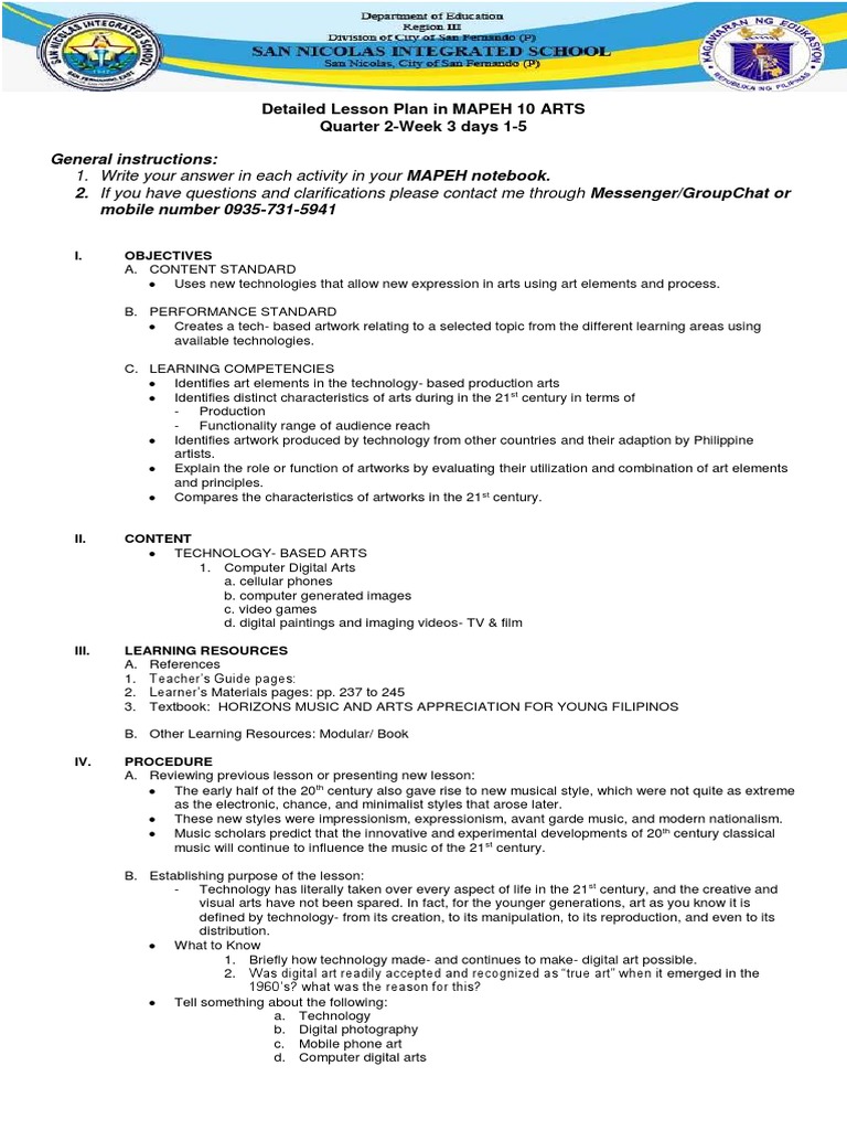 Write Your Answer in Each Activity in Your MAPEH Notebook | PDF | Mass Media | Lesson Plan