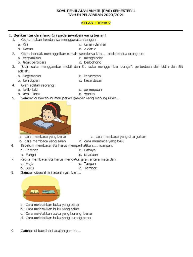 Soal PAS Kelas 1 Sem 1 - TEMA 2 - Kamimadrasah | PDF | Griya & Taman