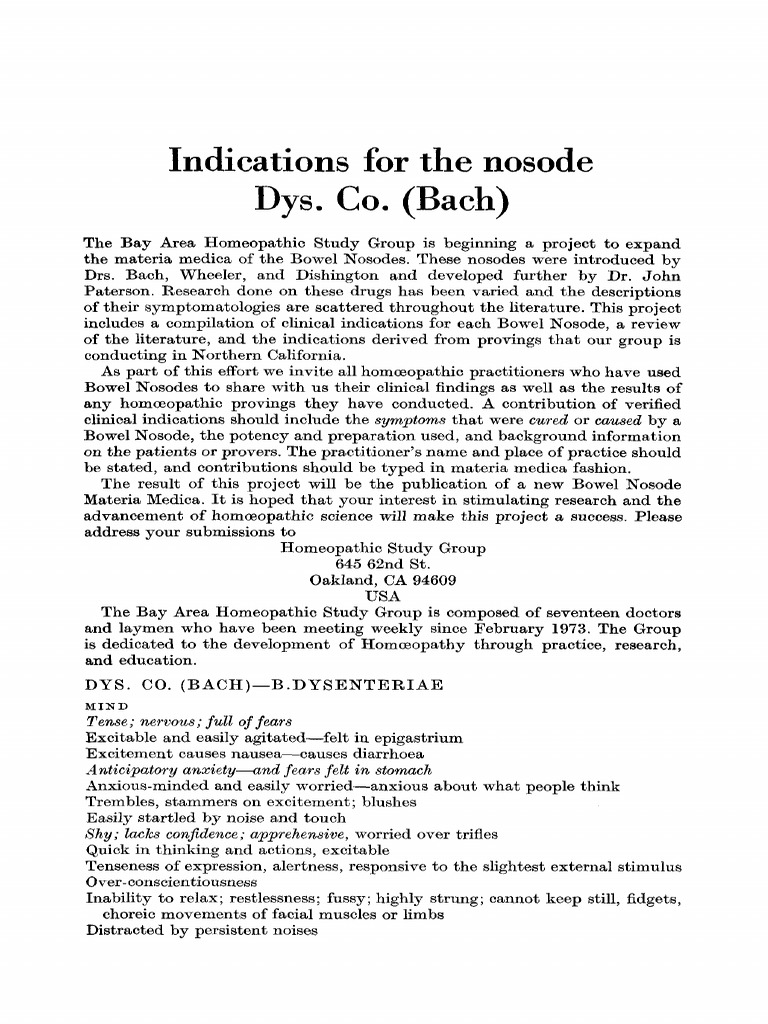 Indications For The Nosode Dys. Co. (Bach) : Symptoms Cured Caused ...