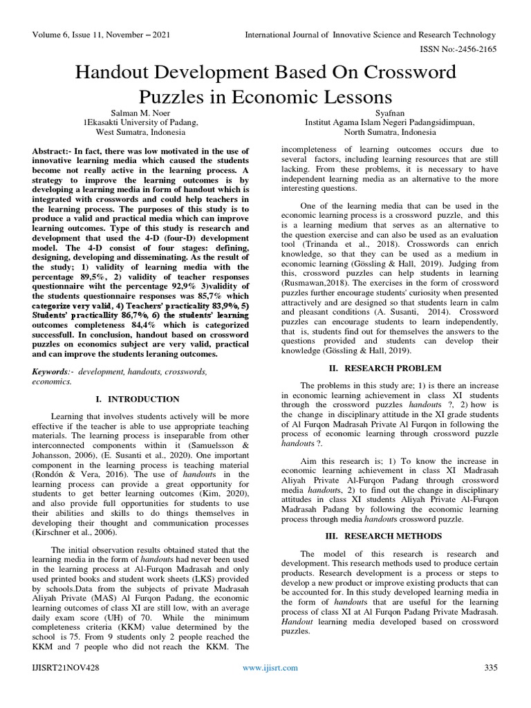 Handout Development Based On Crossword Puzzles in Economic Lessons ...