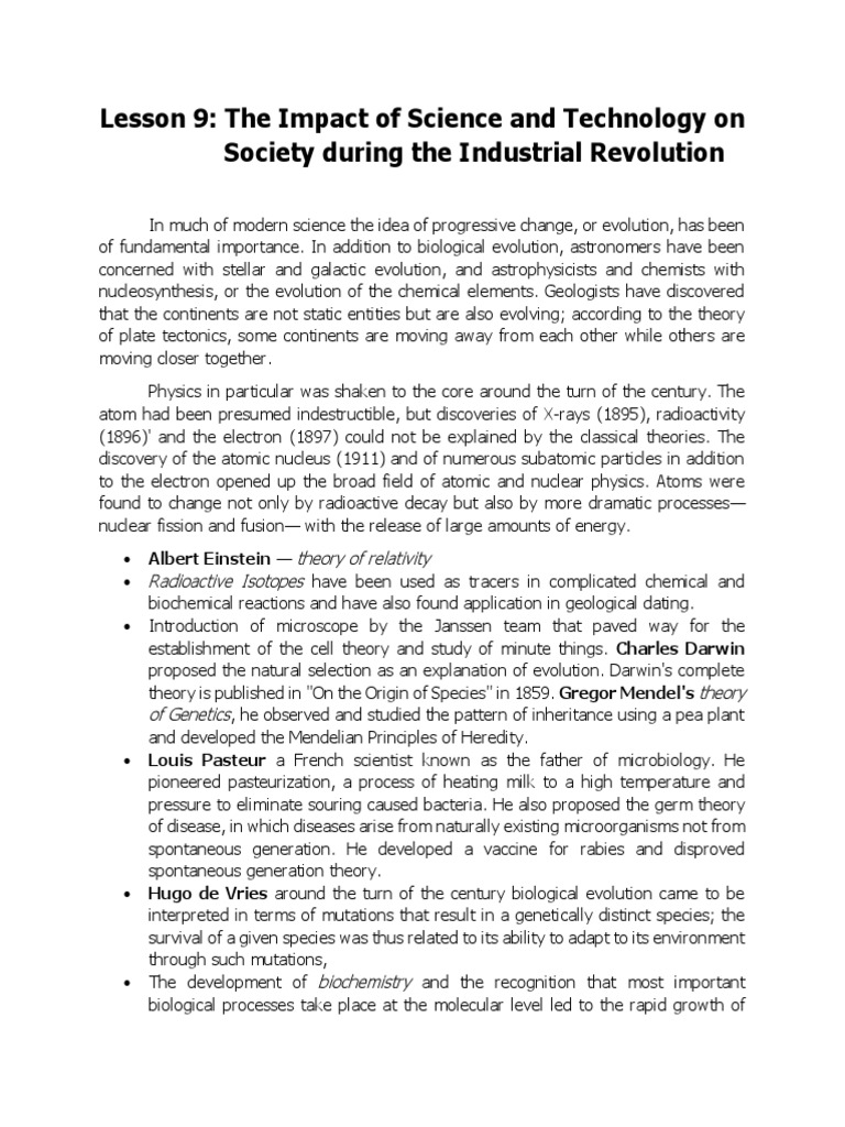 Lesson 9: The Impact of Science and Technology On Society During The ...