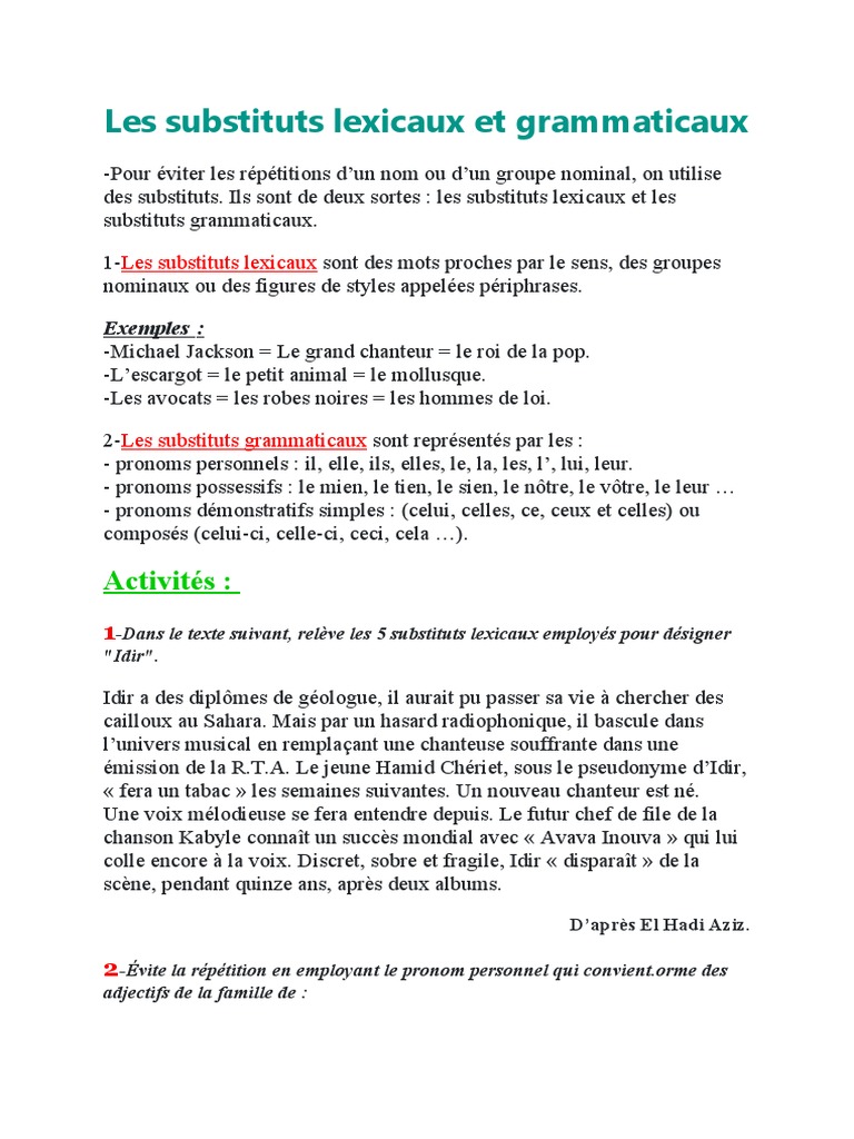 Substituts lexicaux et grammaticaux | PDF | Pronom | Linguistique