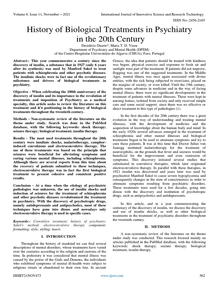 History of Biological Treatments in Psychiatry in The 20th Century ...