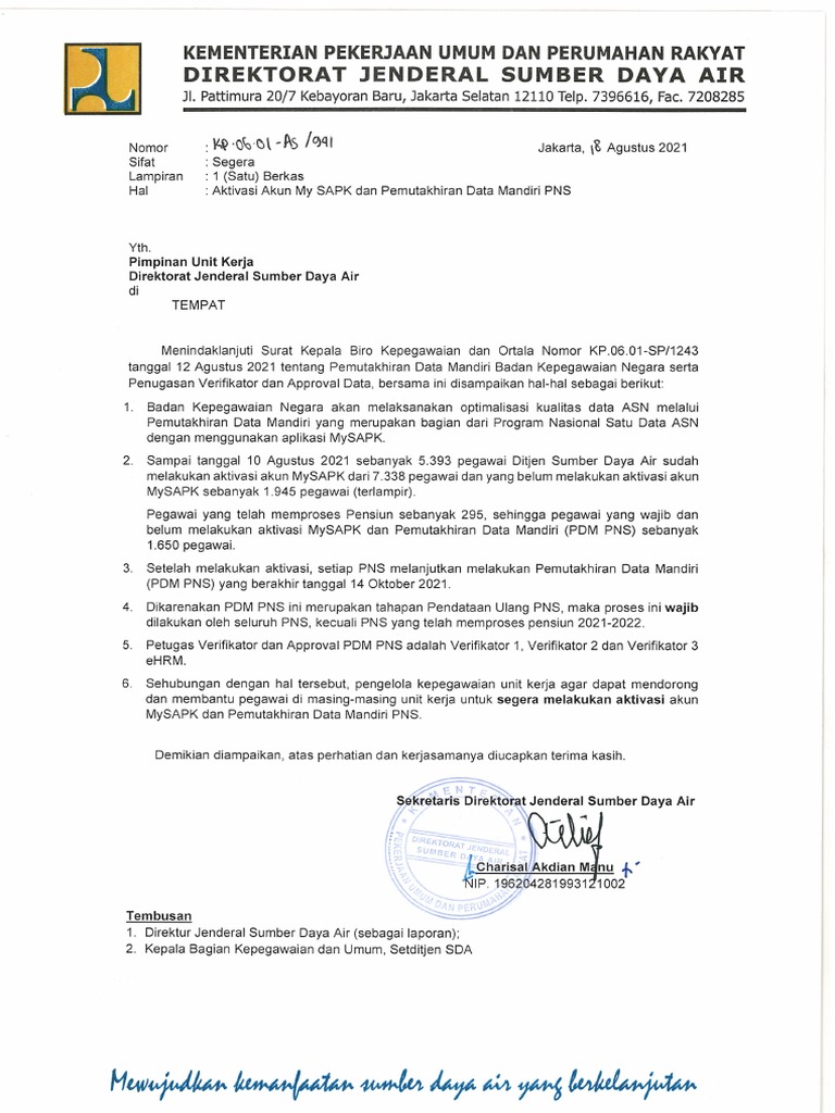 Surat Aktivasi Mysapk Dan Pemutakhiran Data Mandiri PNS Direktorat Jenderal Sumber Daya Air | PDF