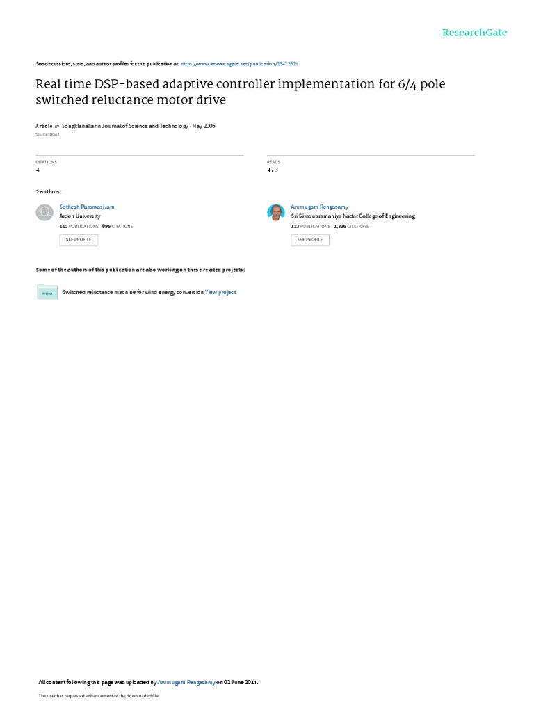 Real Time DSP-based Adaptive Controller Implementation For 6/4 Pole Switched Reluctance Motor ...