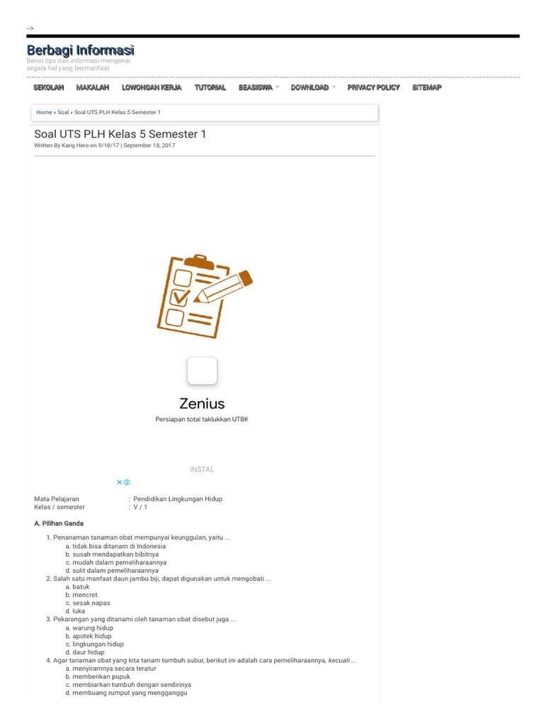 Soal UTS PLH Kelas 5 Semester 1 - Berbagi Informasi | PDF