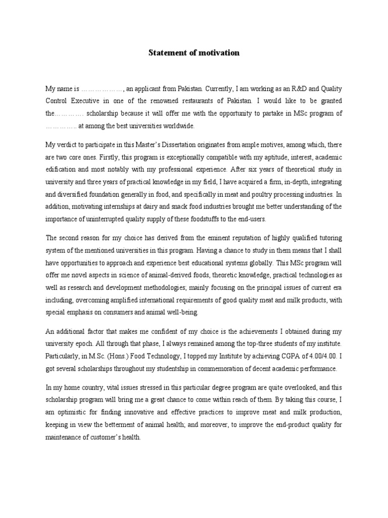 Statement of Motivation | PDF | University | Foods
