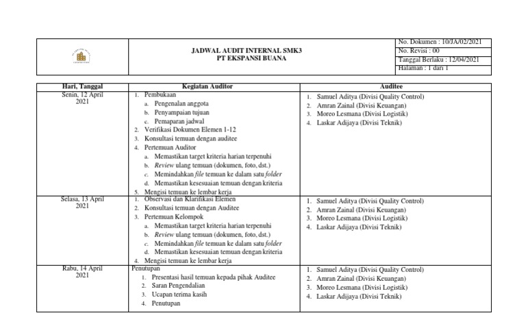 Jadwal Audit Internal SMK3 | PDF