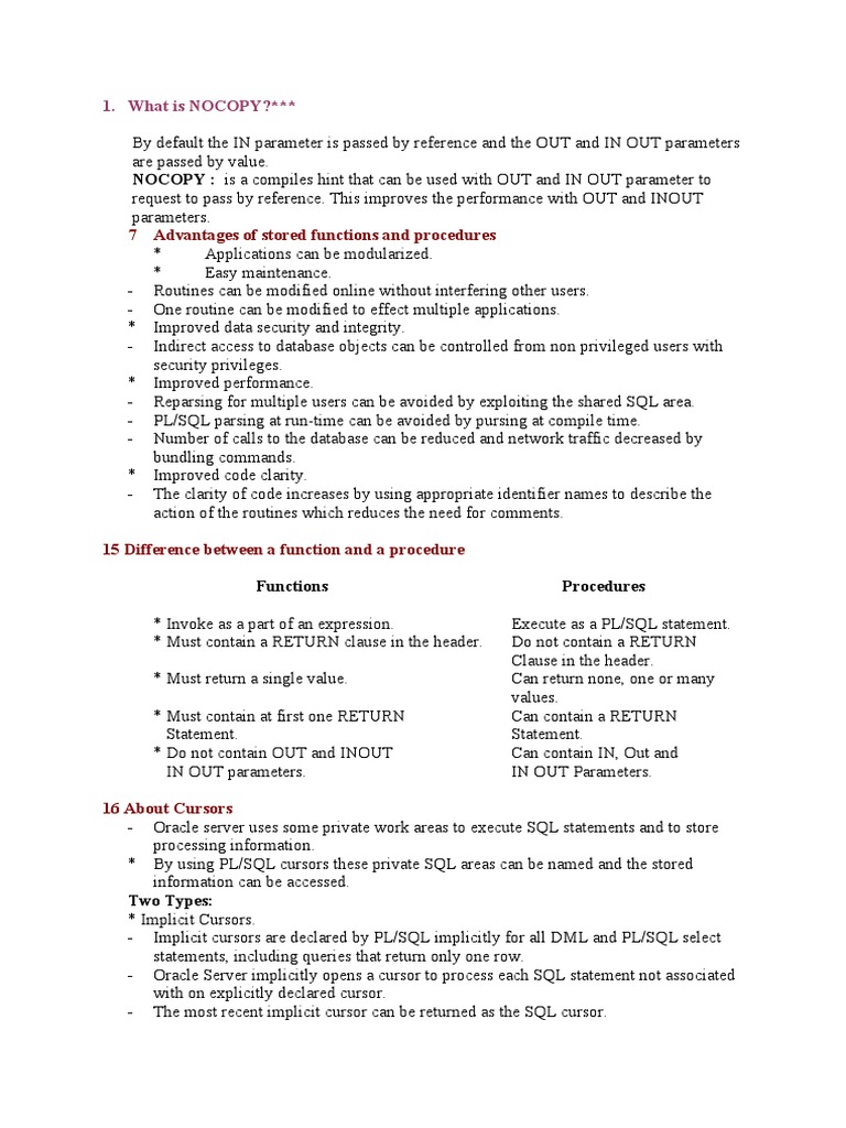 NOCOPY: Is A Compiles Hint That Can Be Used With OUT and IN OUT Parameter To | PDF | Pl/Sql ...