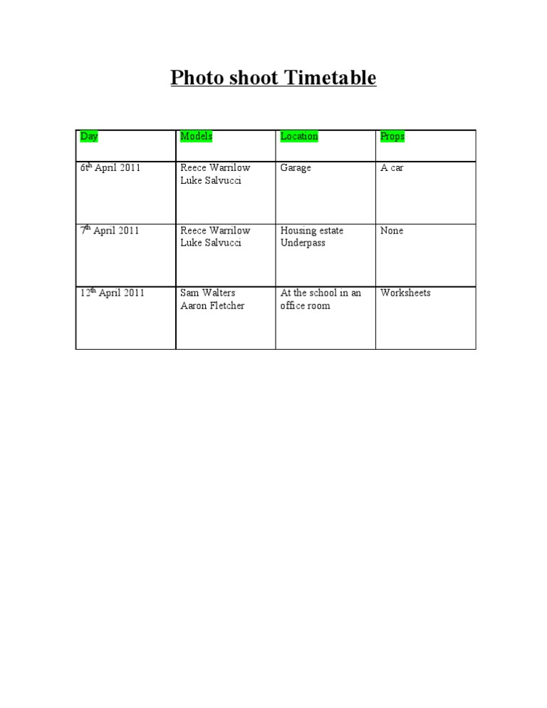 Photo Shoot Schedule Overview | PDF