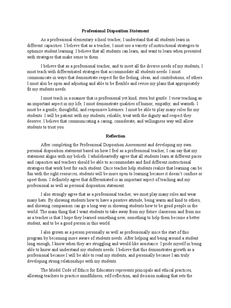 Elm 590 t2 Professional Dispositions Statement | PDF | Teachers | Learning